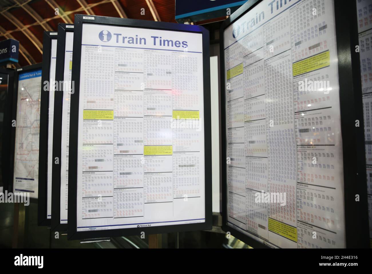 Train timetables at Paddington train station in London. Picture dated ...