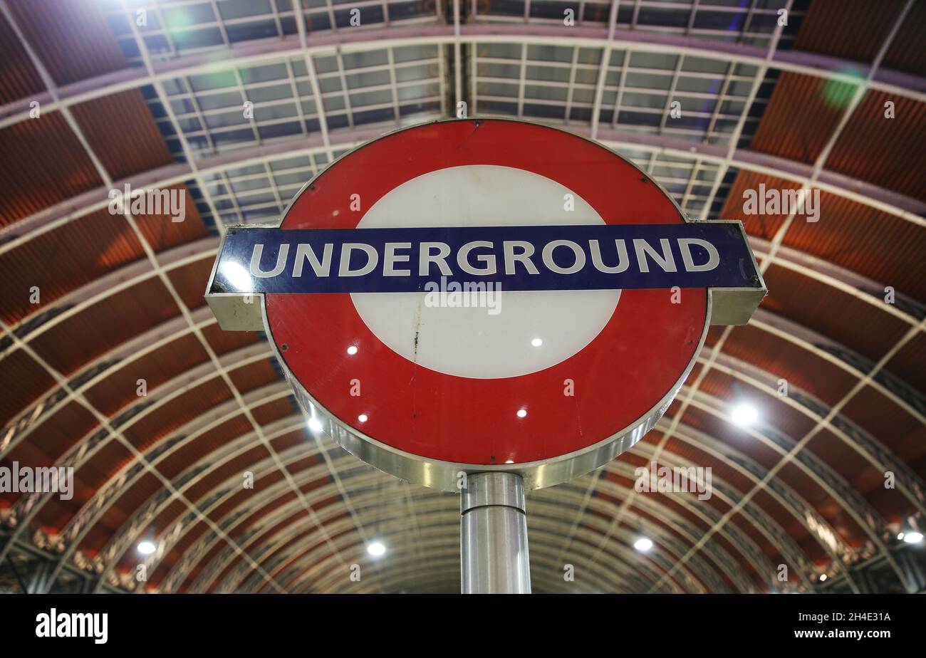 An Underground station sign at Paddington train station in London ...