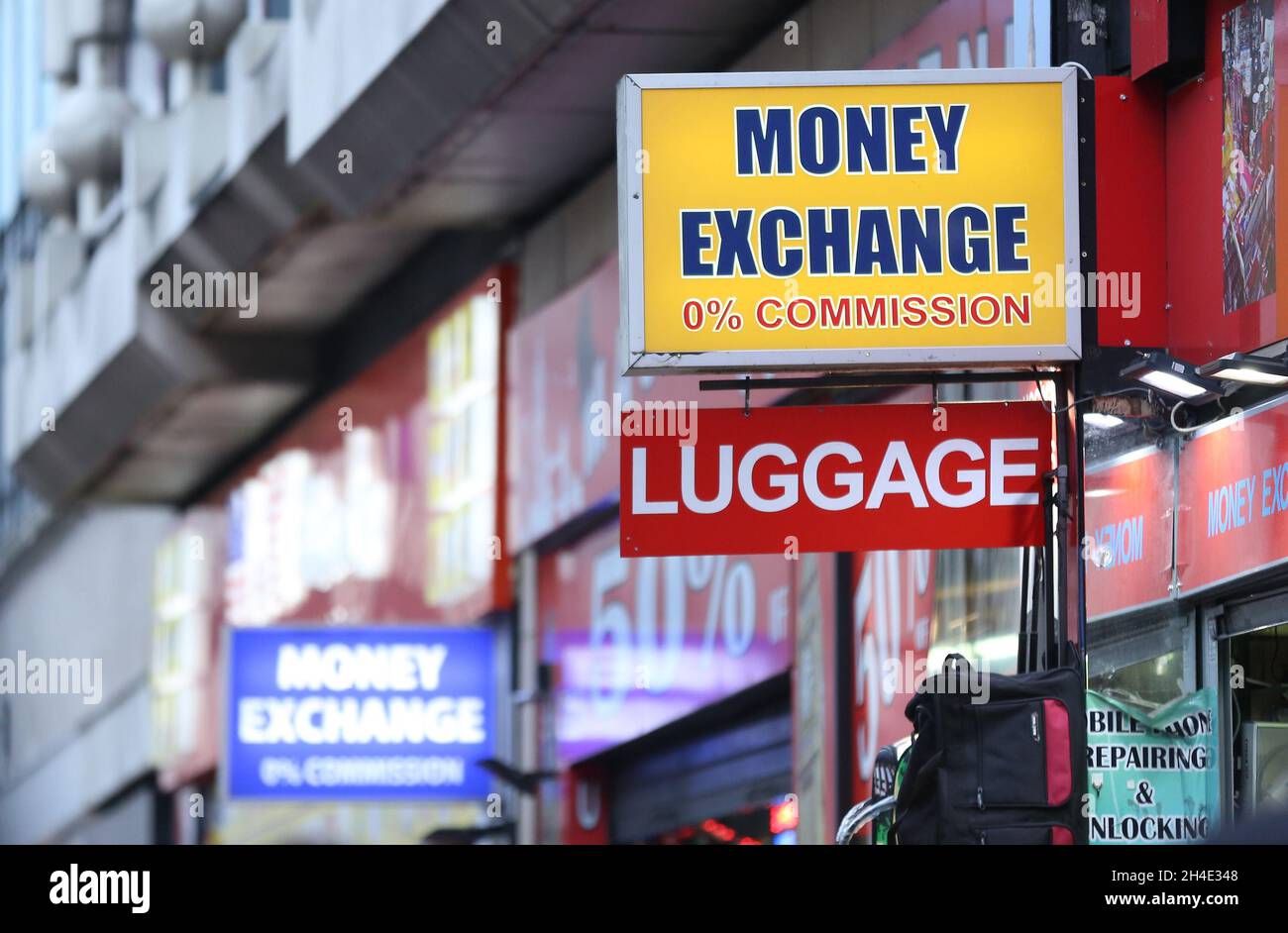 Money Exchange shop signs on Oxford Street, London. Picture dated ...