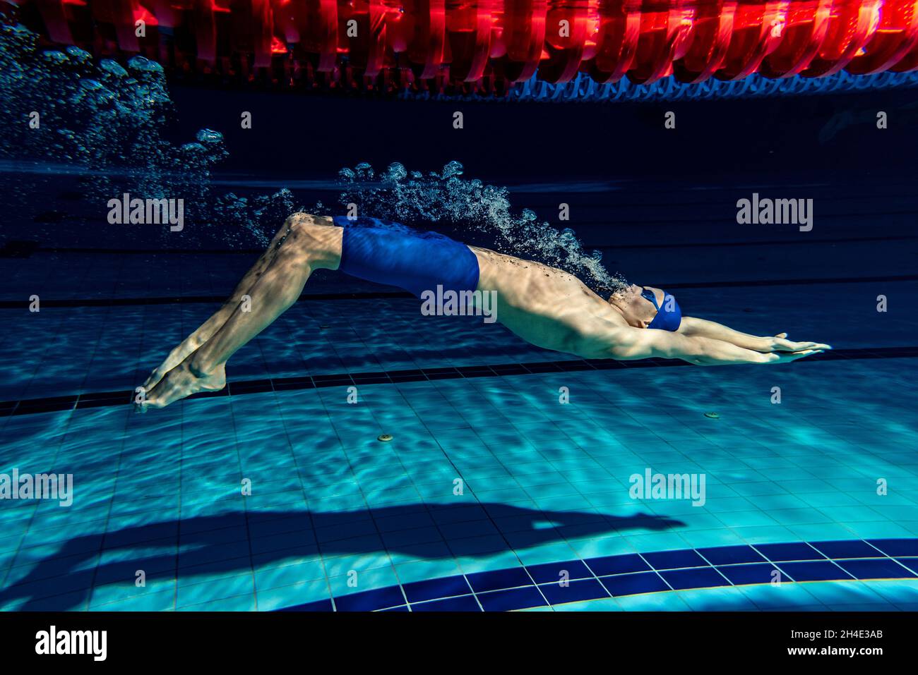 Underwater shooting. One male swimmer training at pool, indoors ...