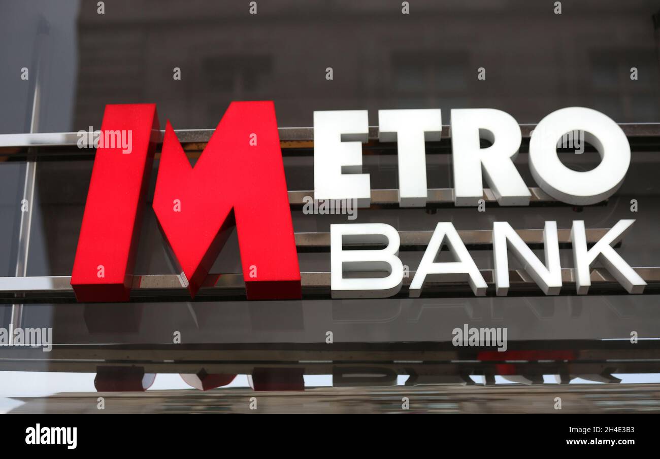 A logo sign outside of a Metro Bank branch in London. Picture dated ...
