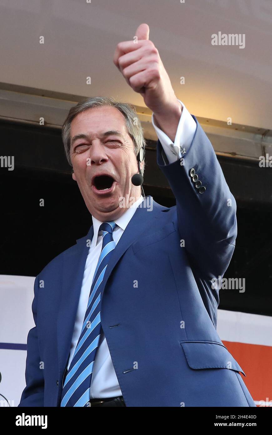 Former UKIP leader Nigel Farage speaking on stage at the March to Leave ...