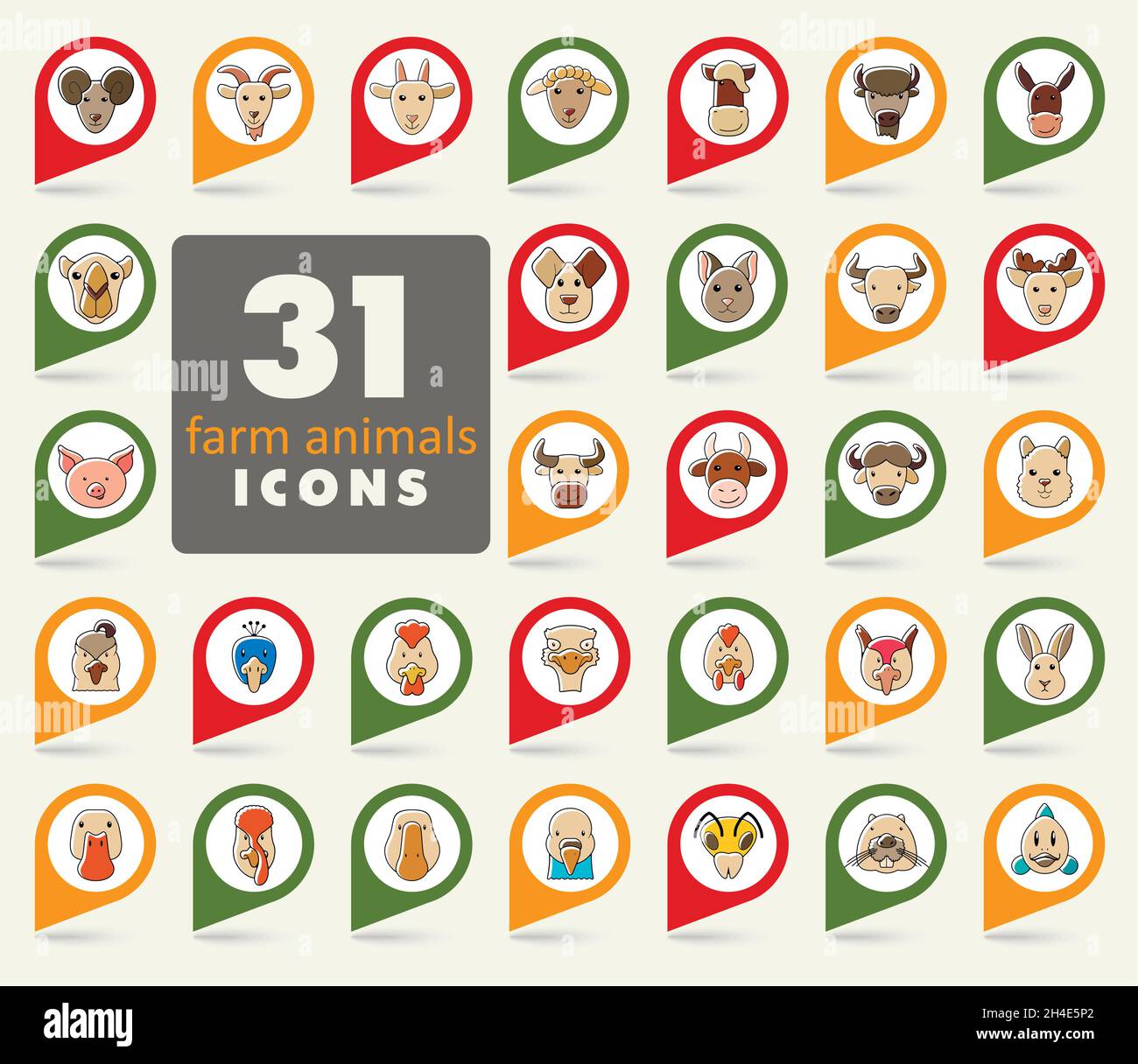 Set of farm animals flat pin map icon. Map pointer. Map markers. Animal ...