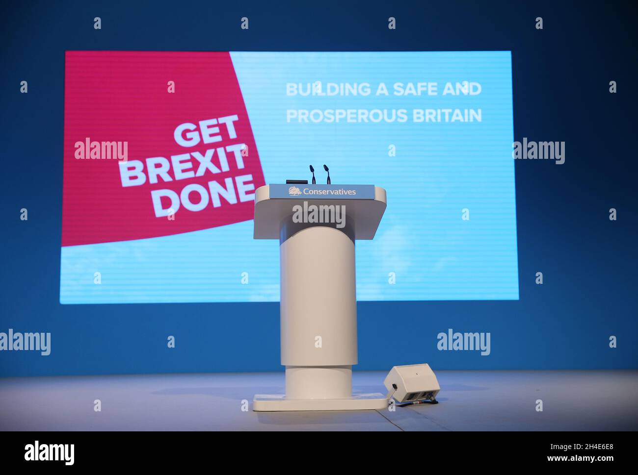 A general view of the stage and podium empty during the Conservative ...