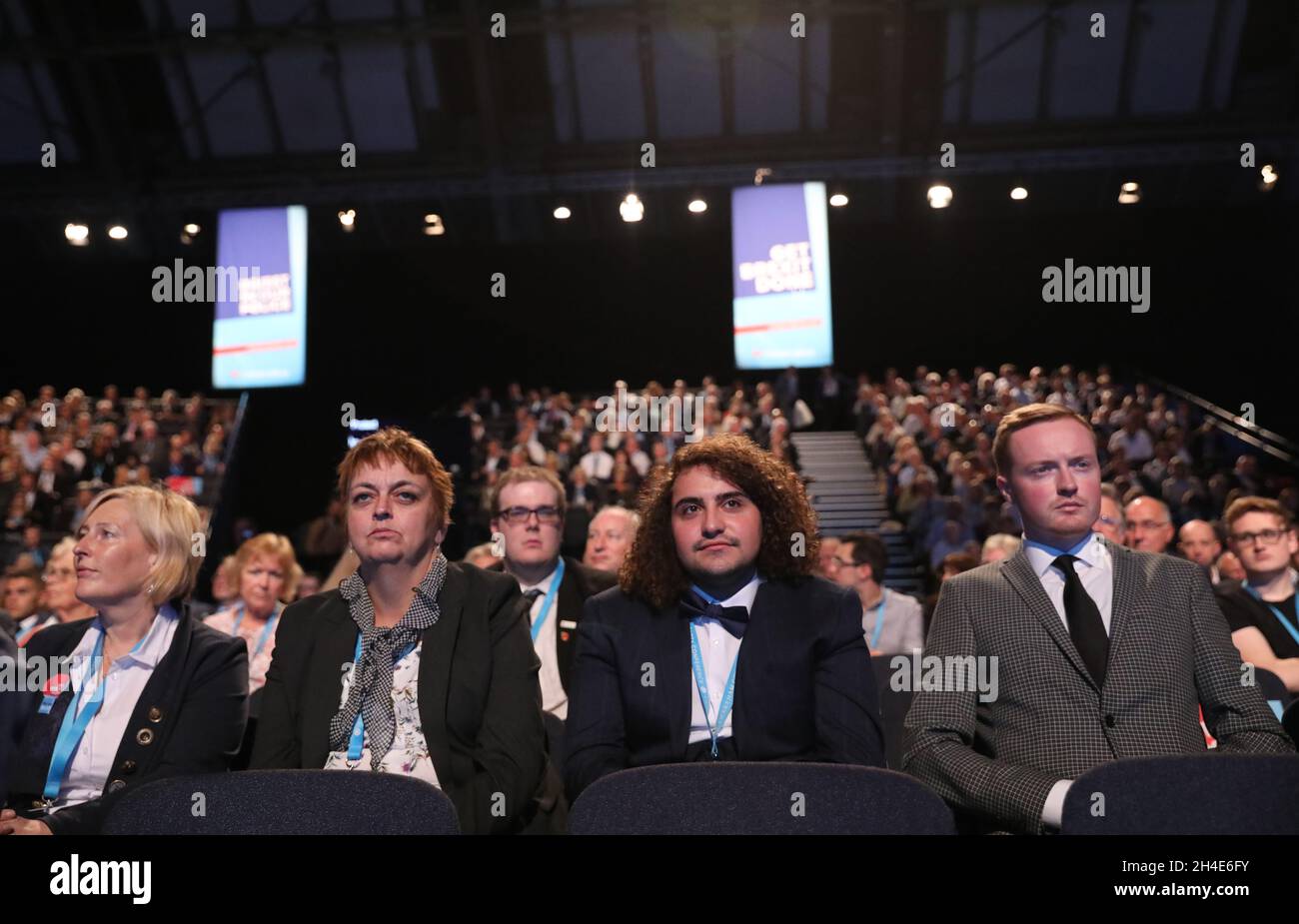 Delegates watch speakers at the main hall during the Conservative Party ...