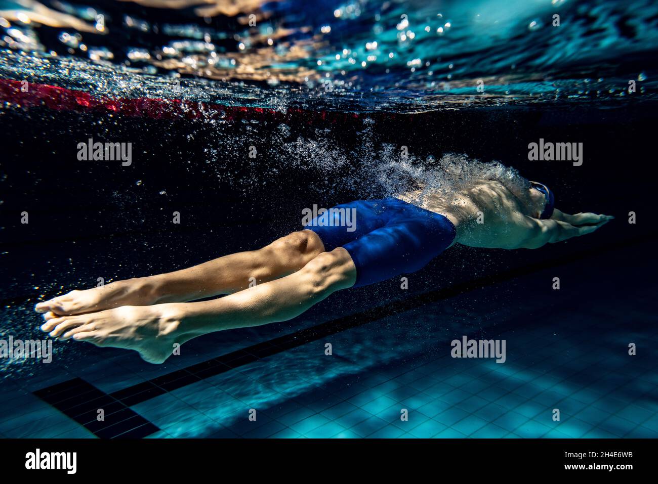 Underwater shooting. One male swimmer training at pool, indoors ...