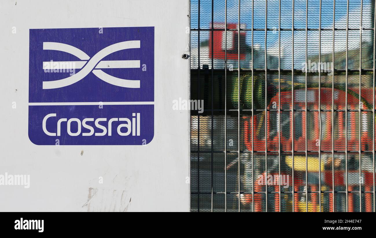 A Crossrail sign outside a construction site in Farringdon, London ...