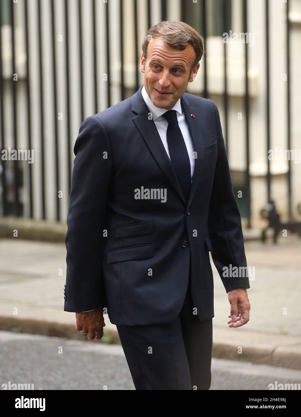 French president Emmanuel Macron arrives to Downing Street in London ...