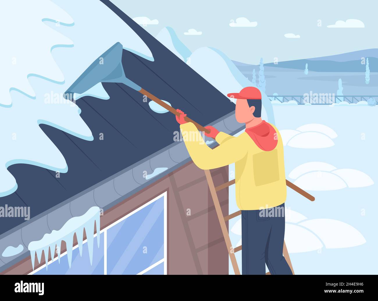 Rooftop snow removal flat color vector illustration Stock Vector Image ...