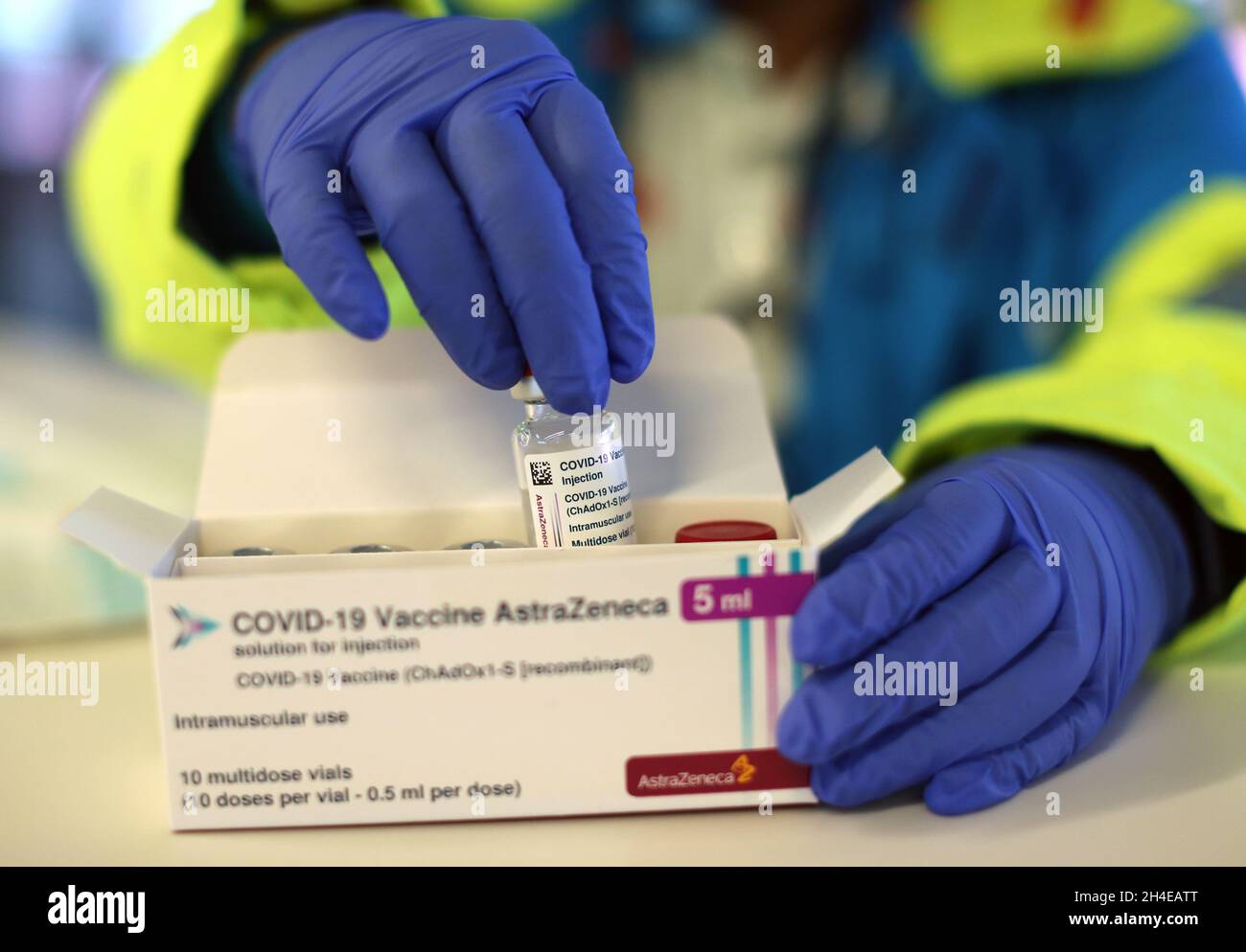 A Covid-19 Vaccine AstraZeneca box with 10 multi dose vials of 5ml per ...