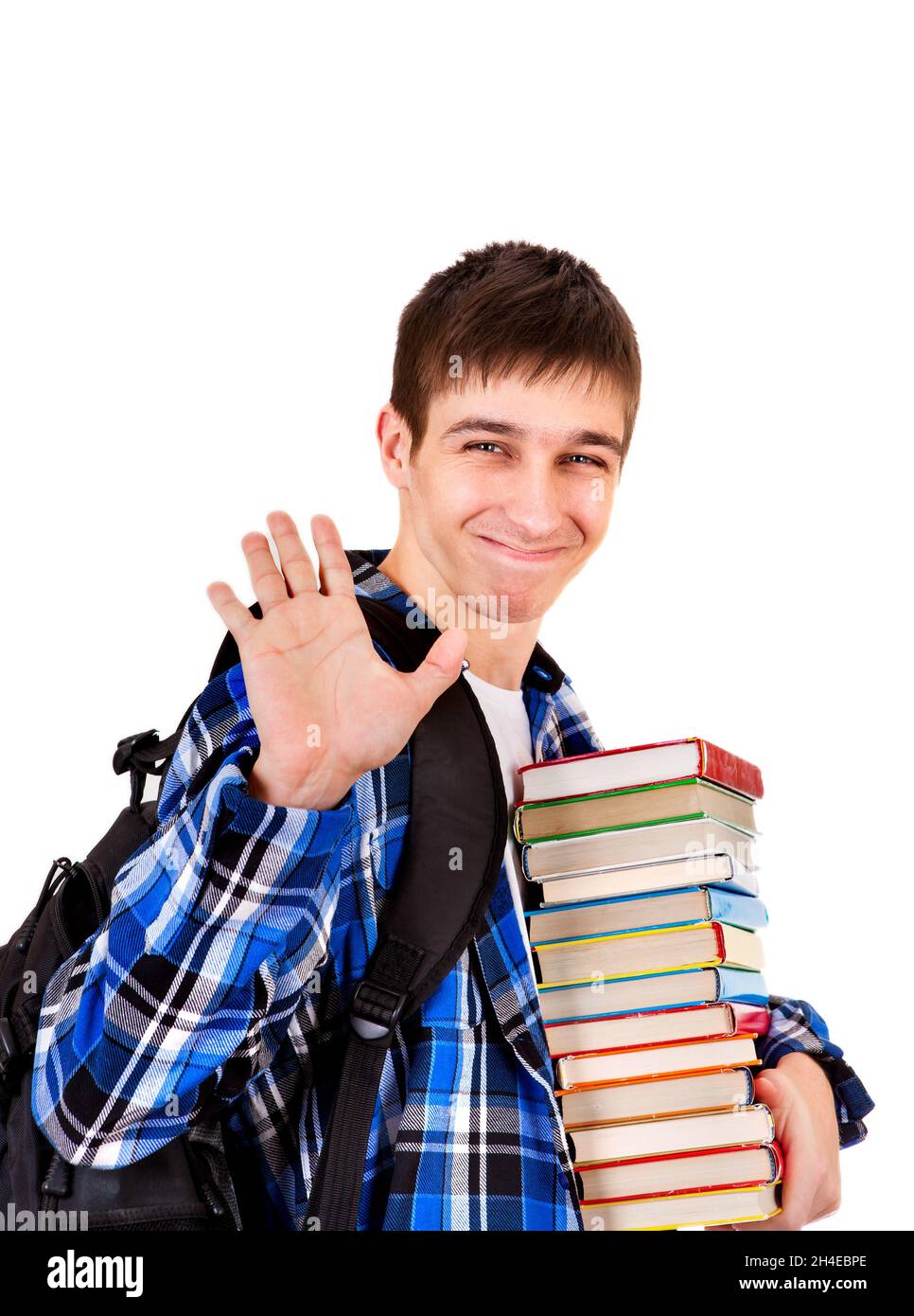 Schoolboy with backpack waving goodbye hi-res stock photography and ...