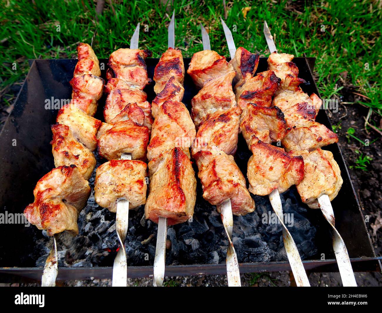 Shish Kebab cooking on the Nature Stock Photo - Alamy