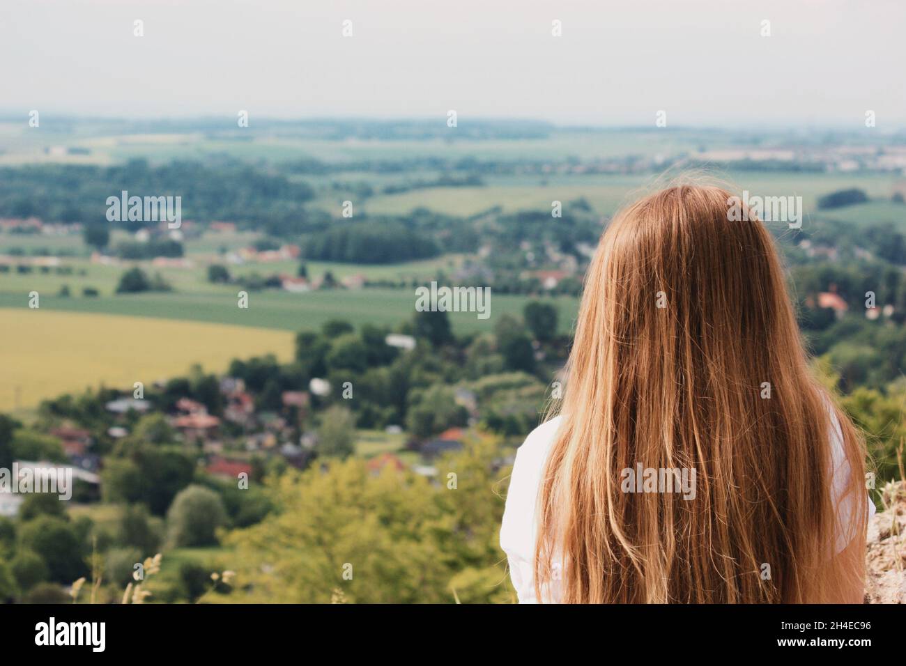 Female looking at a beautiful landscape with forests and houses Stock ...