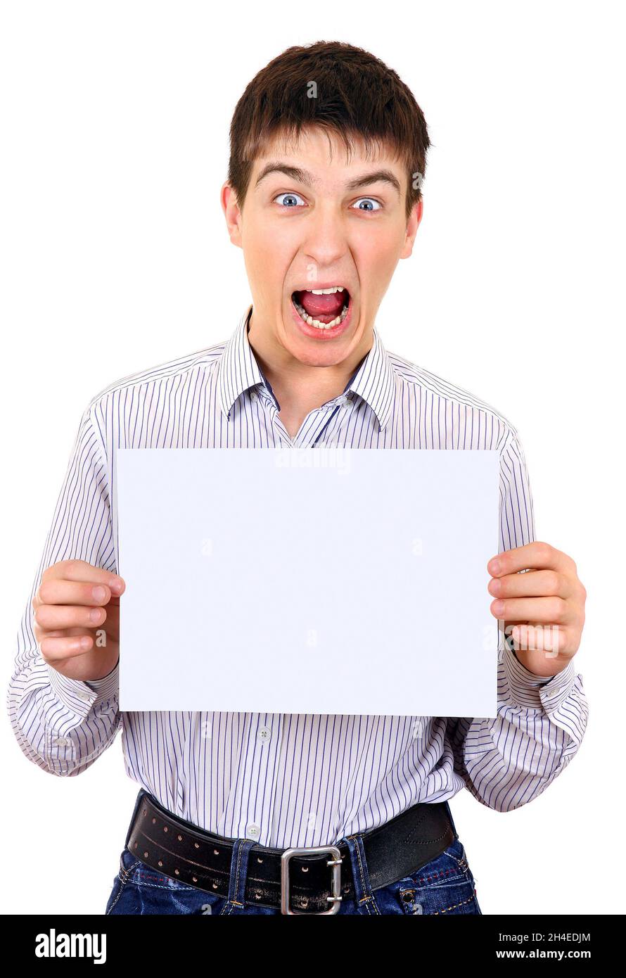 Angry Young Man hold Blank Paper on the White Background Stock Photo ...