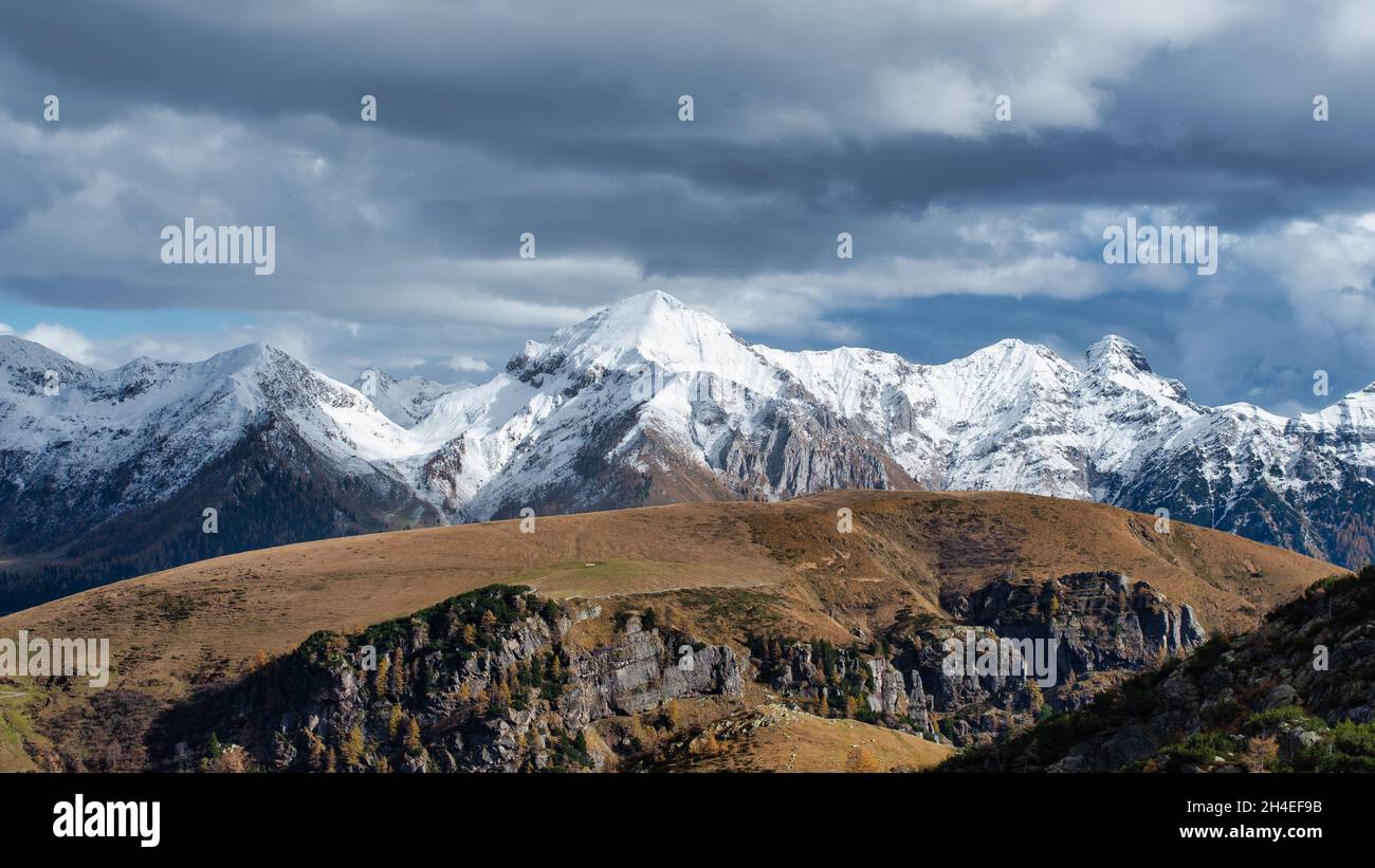 First snowfalls in high mountains on the Alps Orobie Bergamo Italy ...
