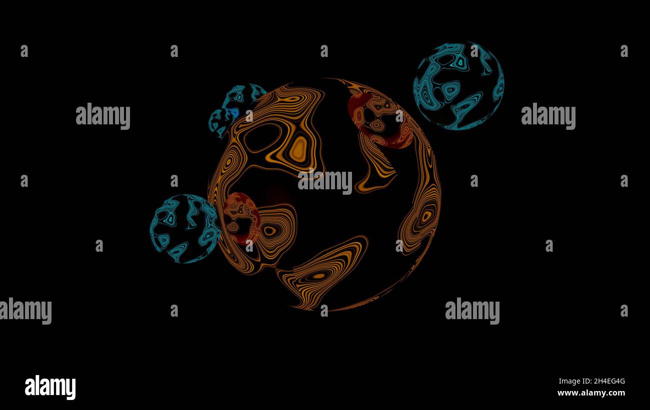 3D illustration of texture or pattern forming on five small spheres ...