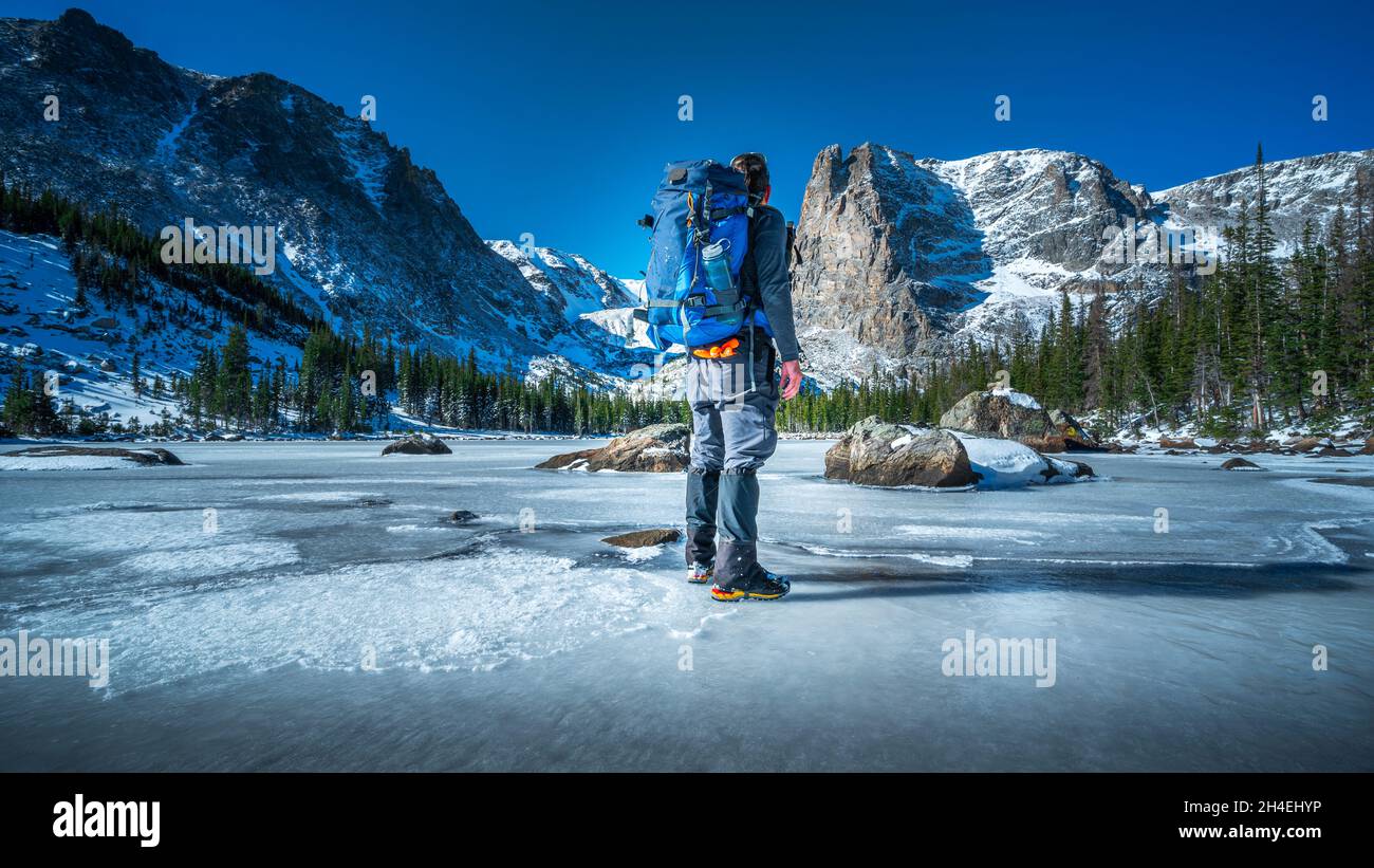 Hiker at Two Rivers Lake in Rocky Mountain National Park, October Stock ...