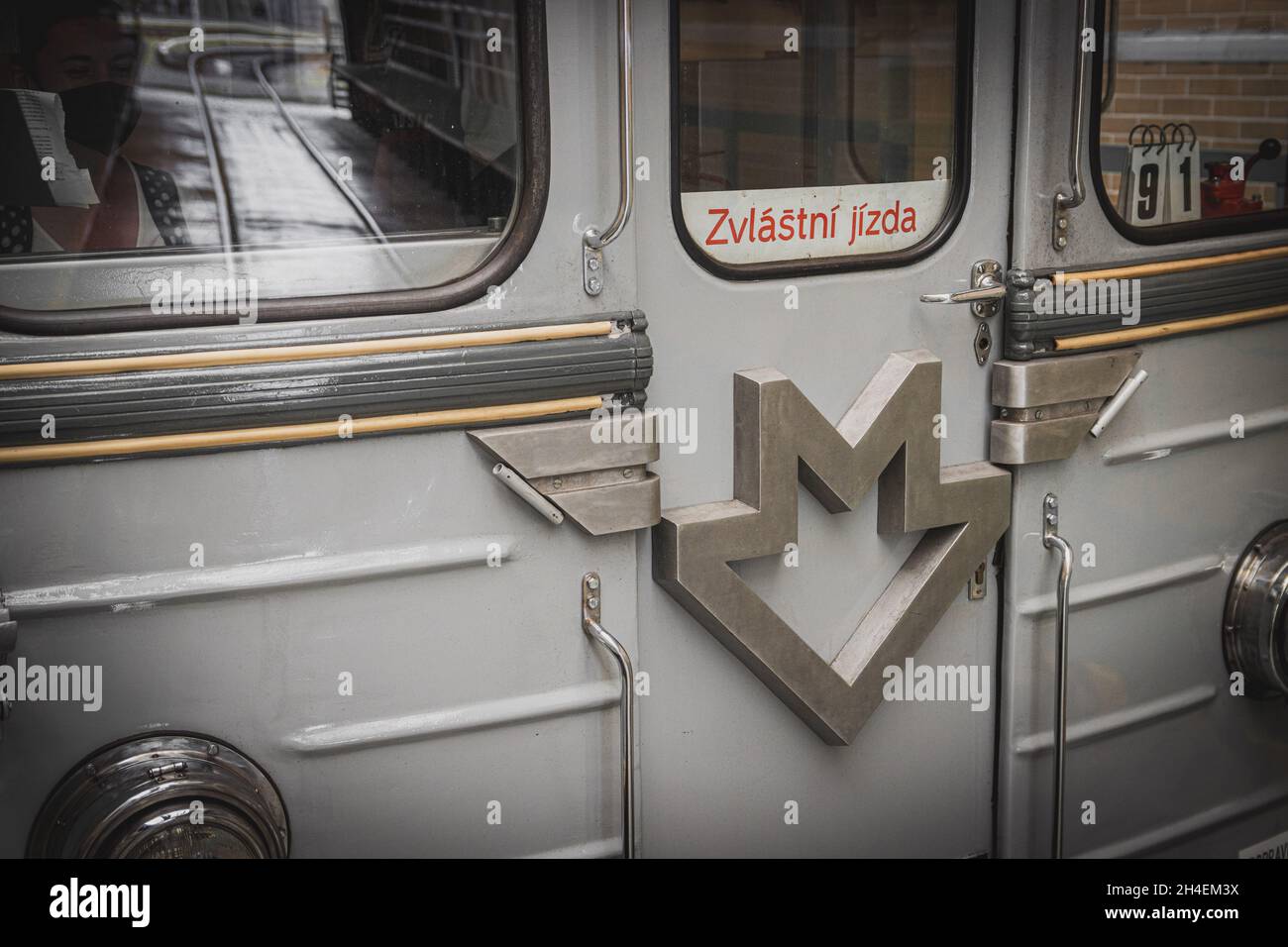 Historical Prague metro train in depot, in Prague, Czech Republic, July ...