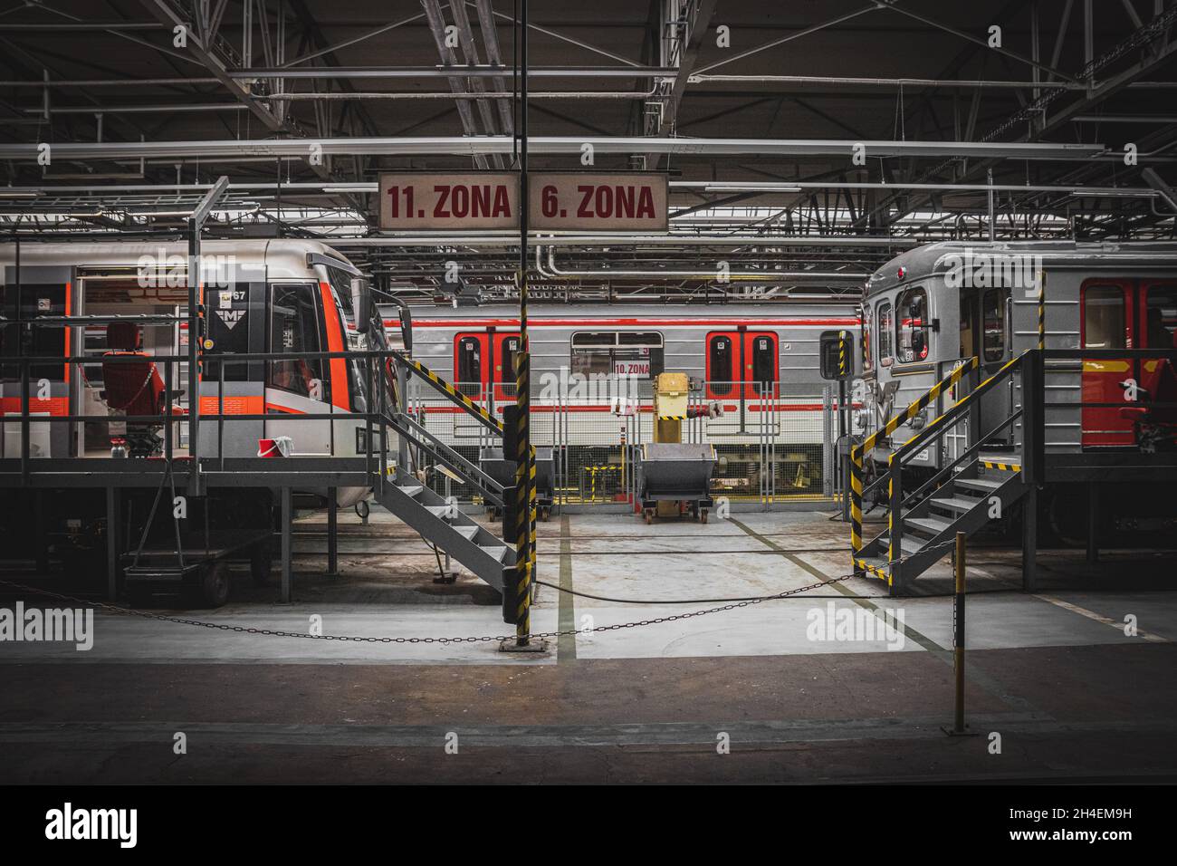 Historical Prague metro train in depot with modern Siemens M1 unit and ...