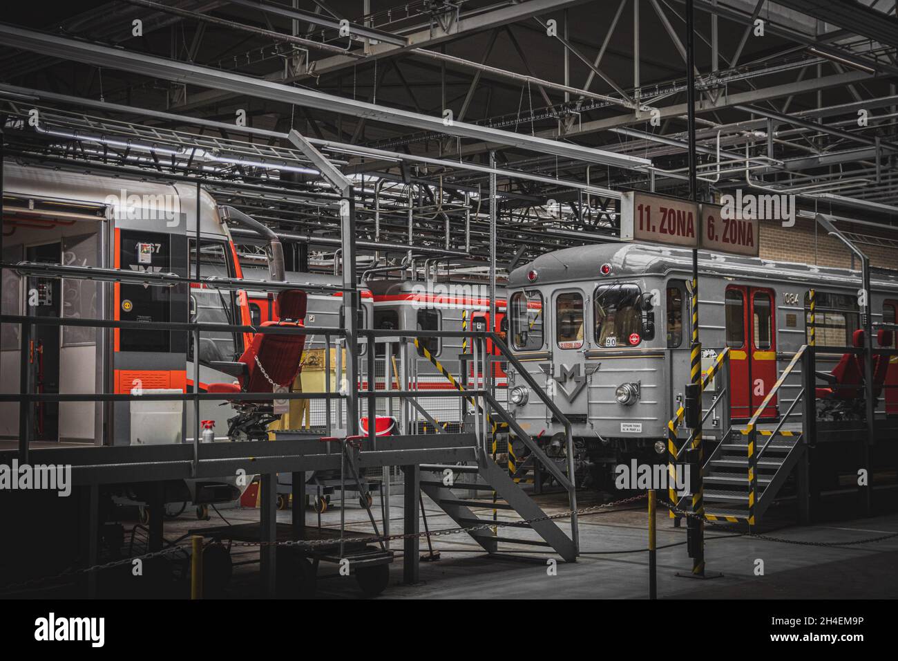 Historical Prague metro train in depot with modern Siemens M1 unit and ...