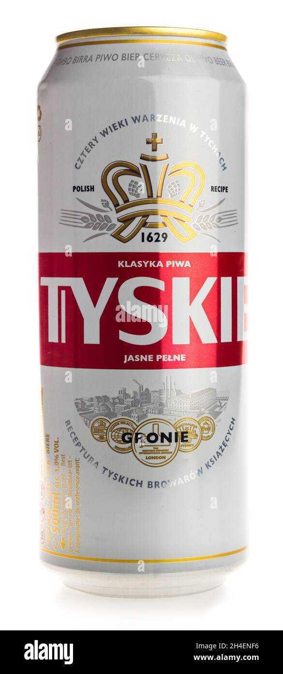 Can of Polish Tyskie lager beer isolated on a white background Stock ...