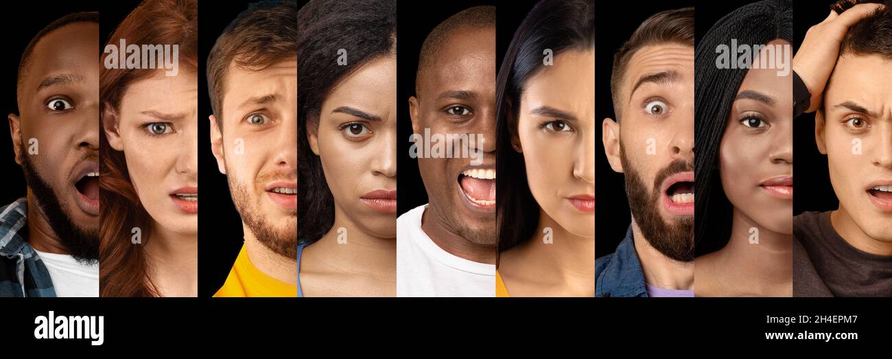 Shocked, angry and upset young diverse human with open mouths, on black ...