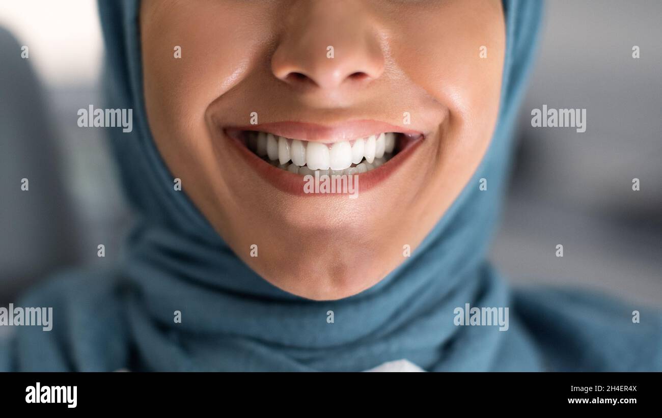 Teeth Whitening. Young Muslim Lady Smiling With Her Healthy White Teeth ...