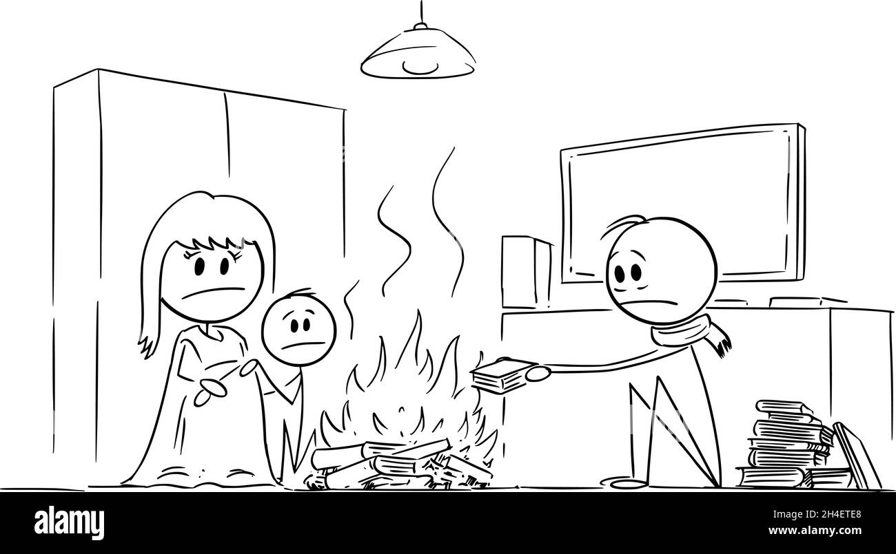 Family Burning Fire in Living Room, Suffering from Cold or Chilly ...