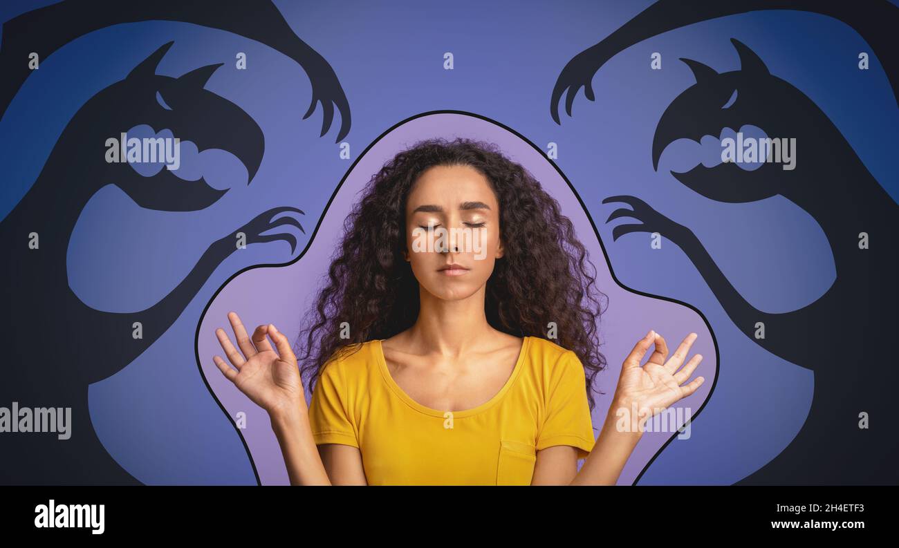 Overcoming Inner Fears. Young Woman Meditating With Drawn Shadow ...