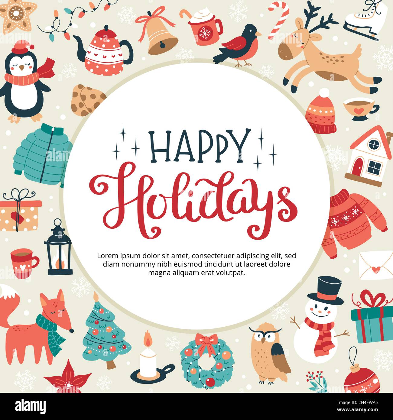 Happy holidays greeting card or banner with lettering and cute seasonal ...
