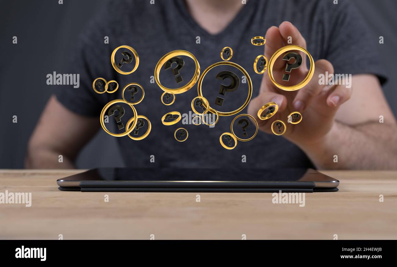 3D Rendering of colored question marks floating on a man's tablet Stock Photo - Alamy