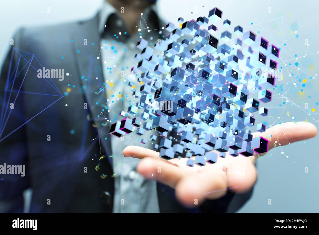 3D rendering of data Internet infrastructure concept floating on a man ...