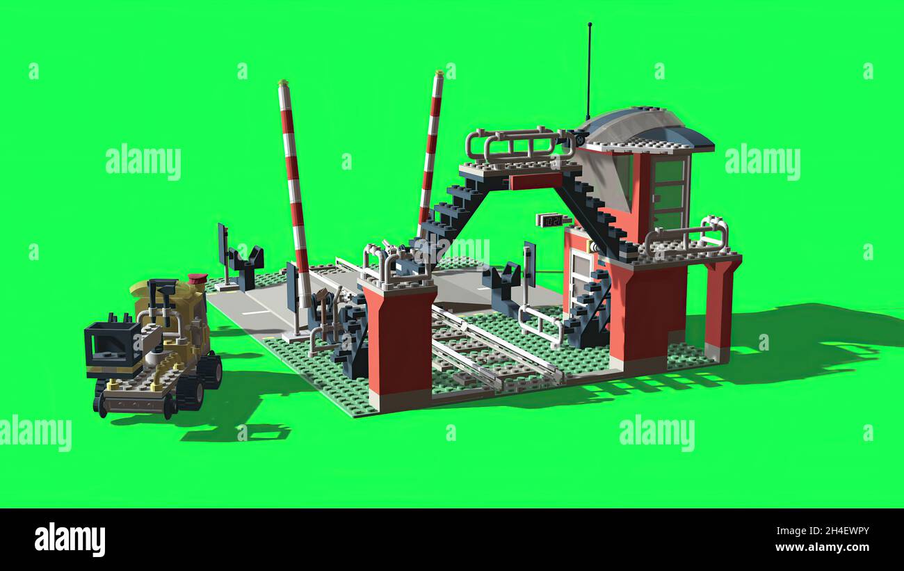 3d illustration - Train Level Crossing made from plastic bricks Stock ...