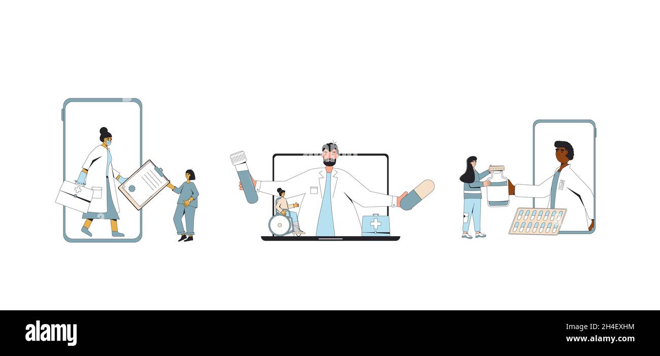 Online medical consultation set. Telemedicine. Doctor distant advise ...