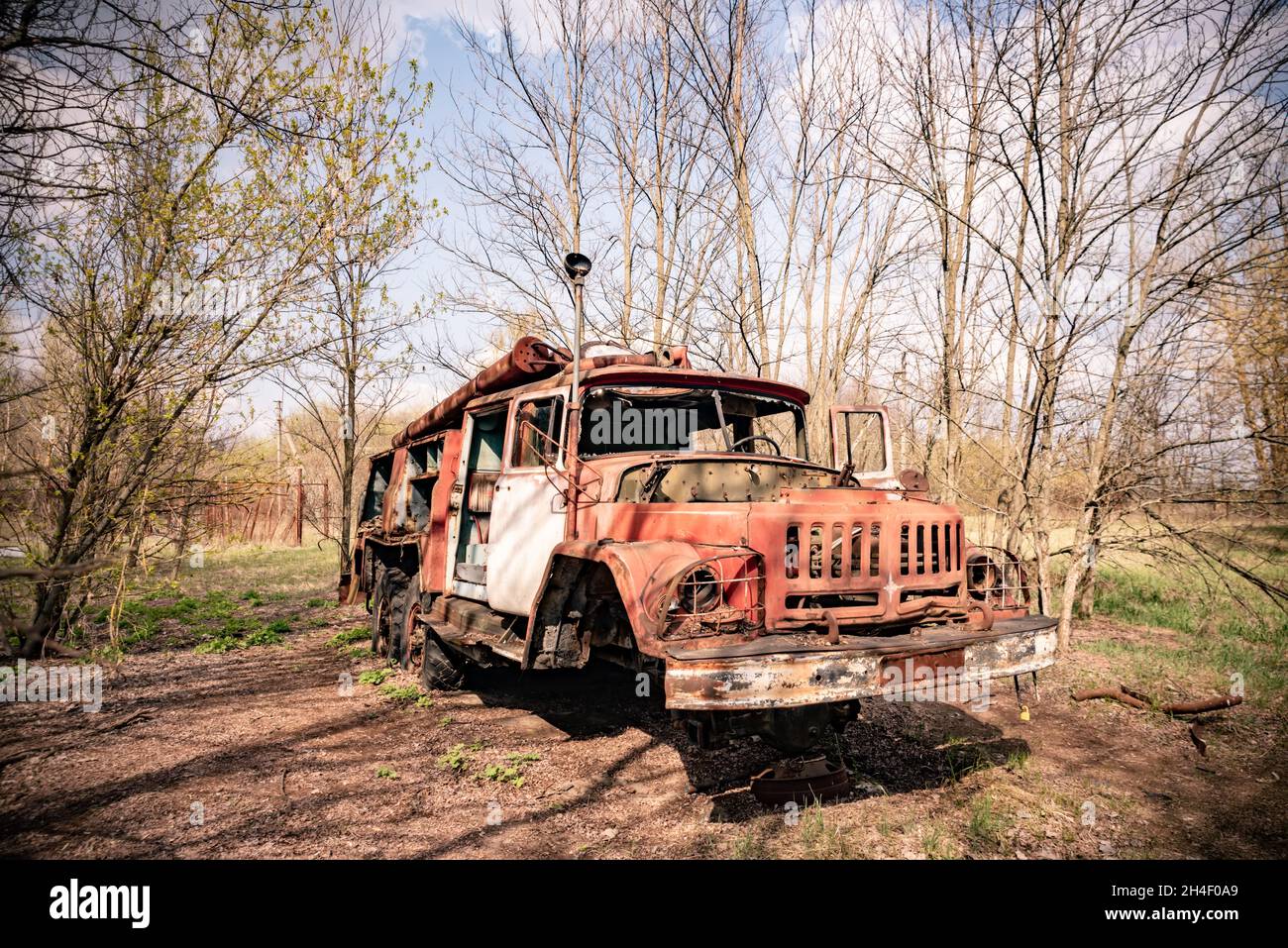 Old rusty abandoned Soviet fire truck in Chernobyl exclusion zone Stock ...