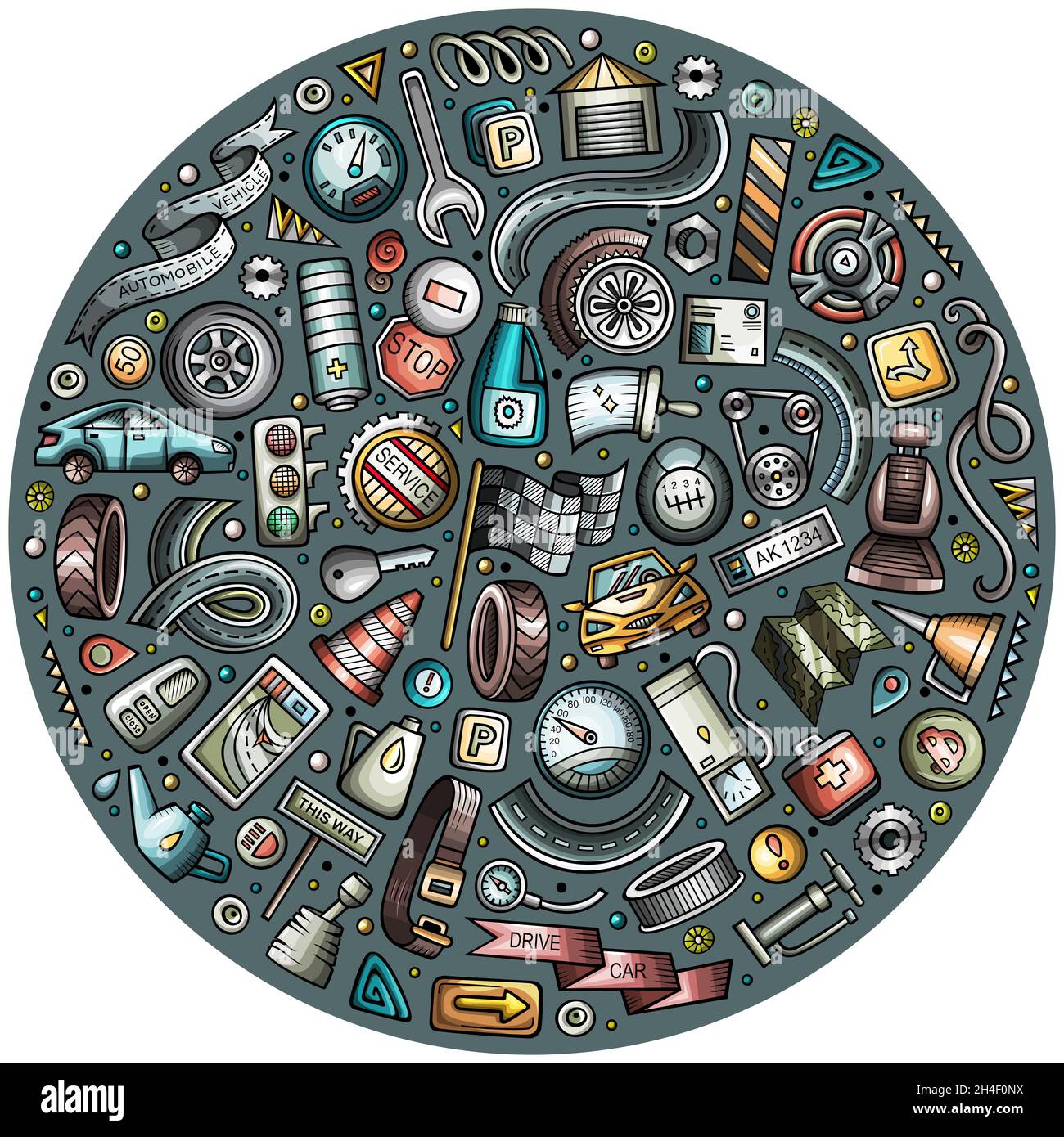 Colorful vector hand drawn set of Automotive cartoon doodle objects ...