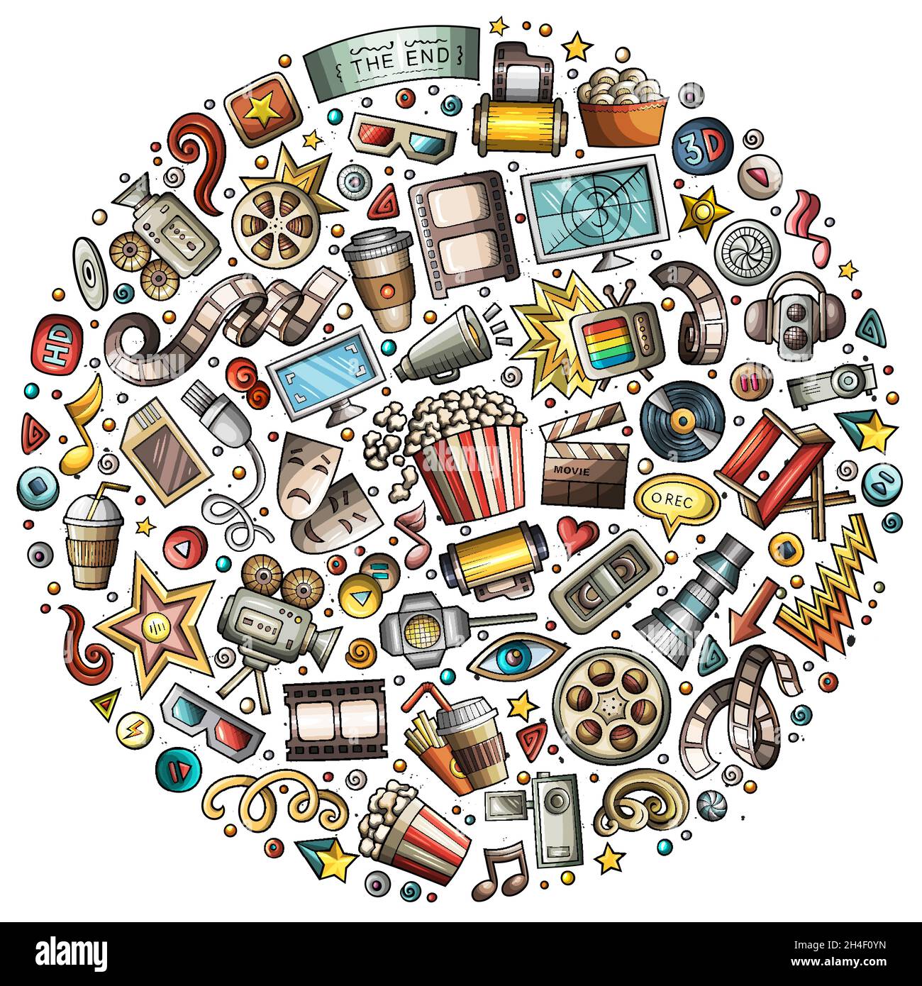 Colorful vector hand drawn set of Cinema cartoon doodle objects ...