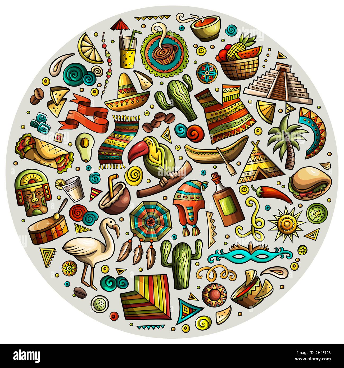 Colorful vector hand drawn doodle cartoon set of Latin American objects ...