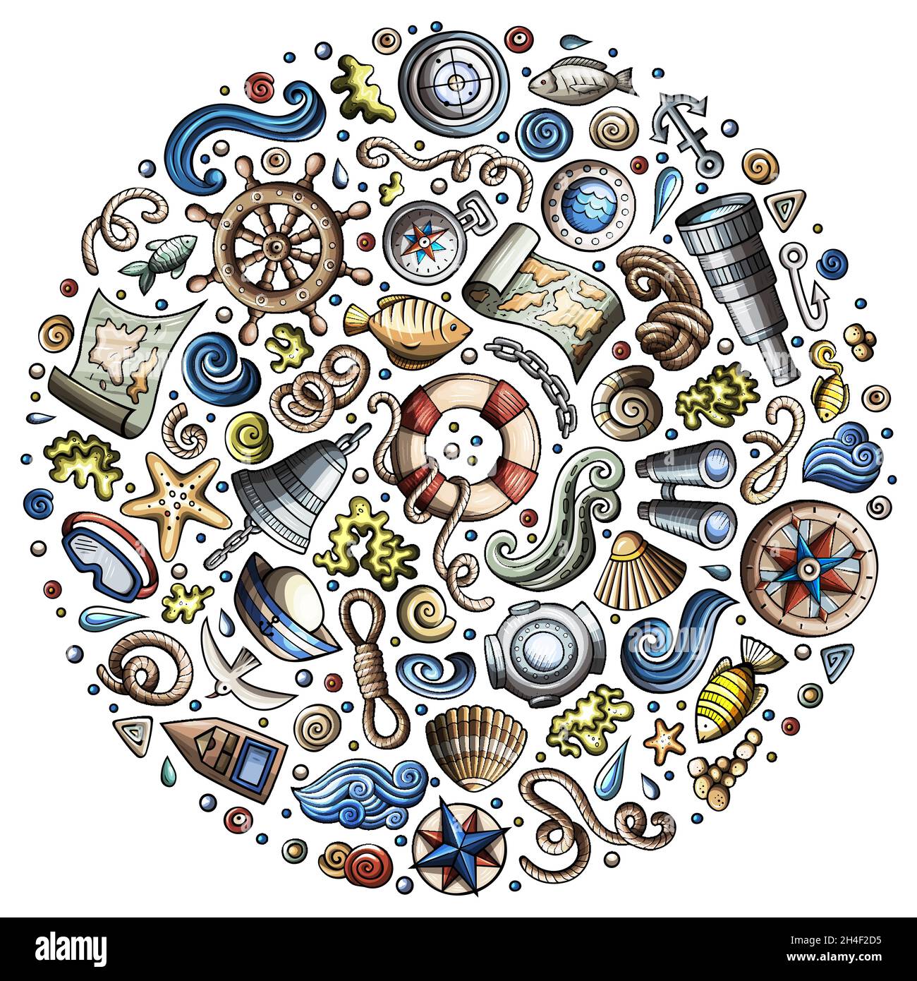 Colorful vector hand drawn set of Marine, Nautical cartoon doodle ...