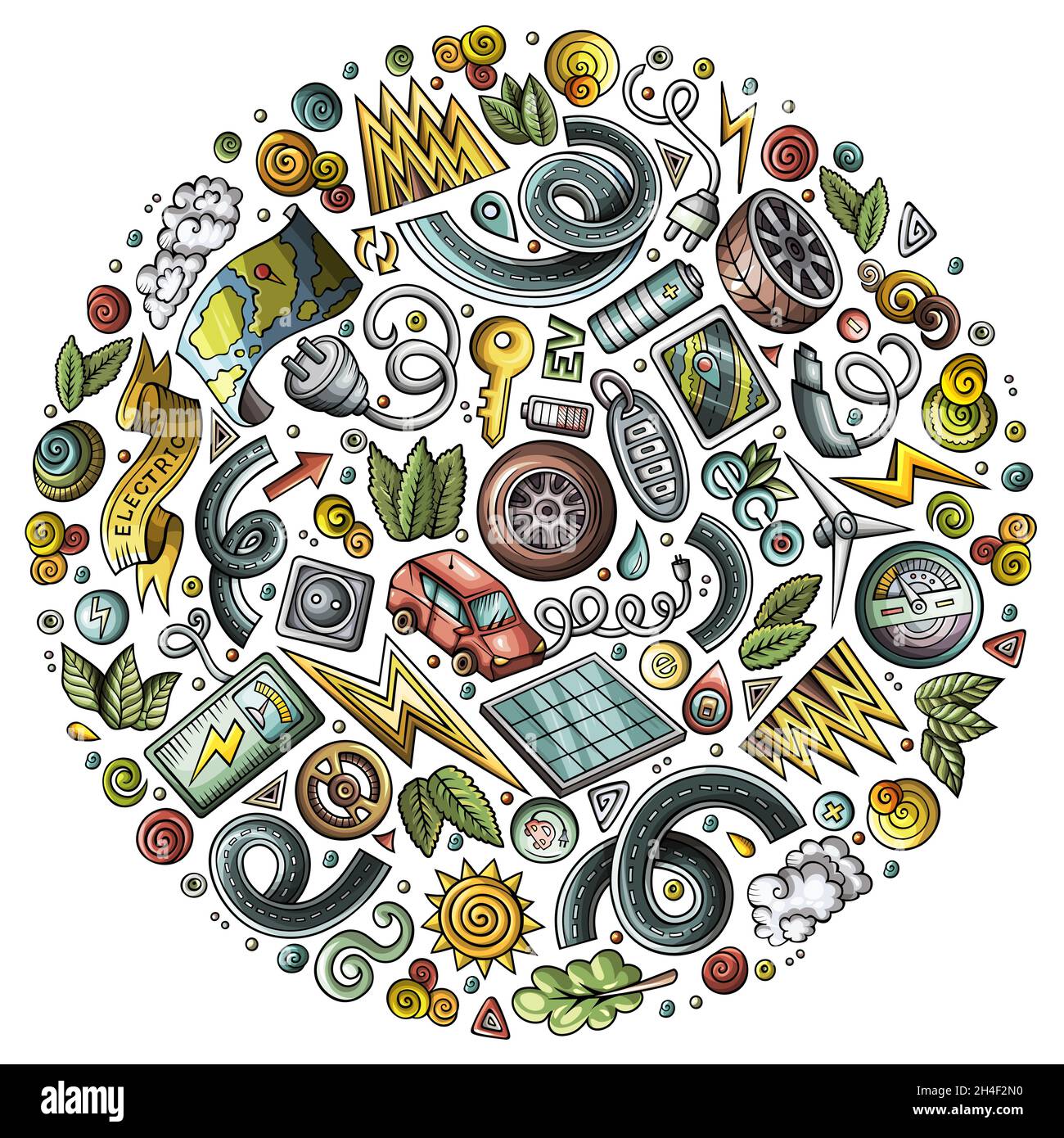 Colorful vector hand drawn set of Electric cars cartoon doodle objects ...