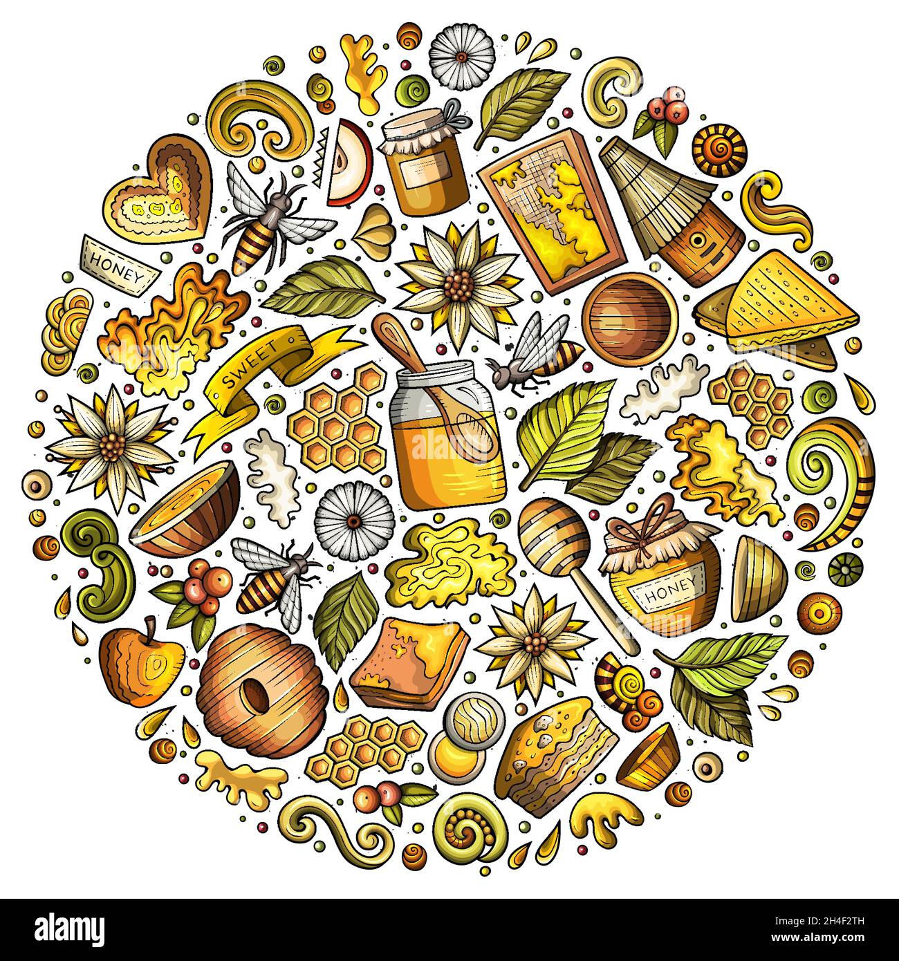 Colorful vector hand drawn set of Honey cartoon doodle objects, symbols ...