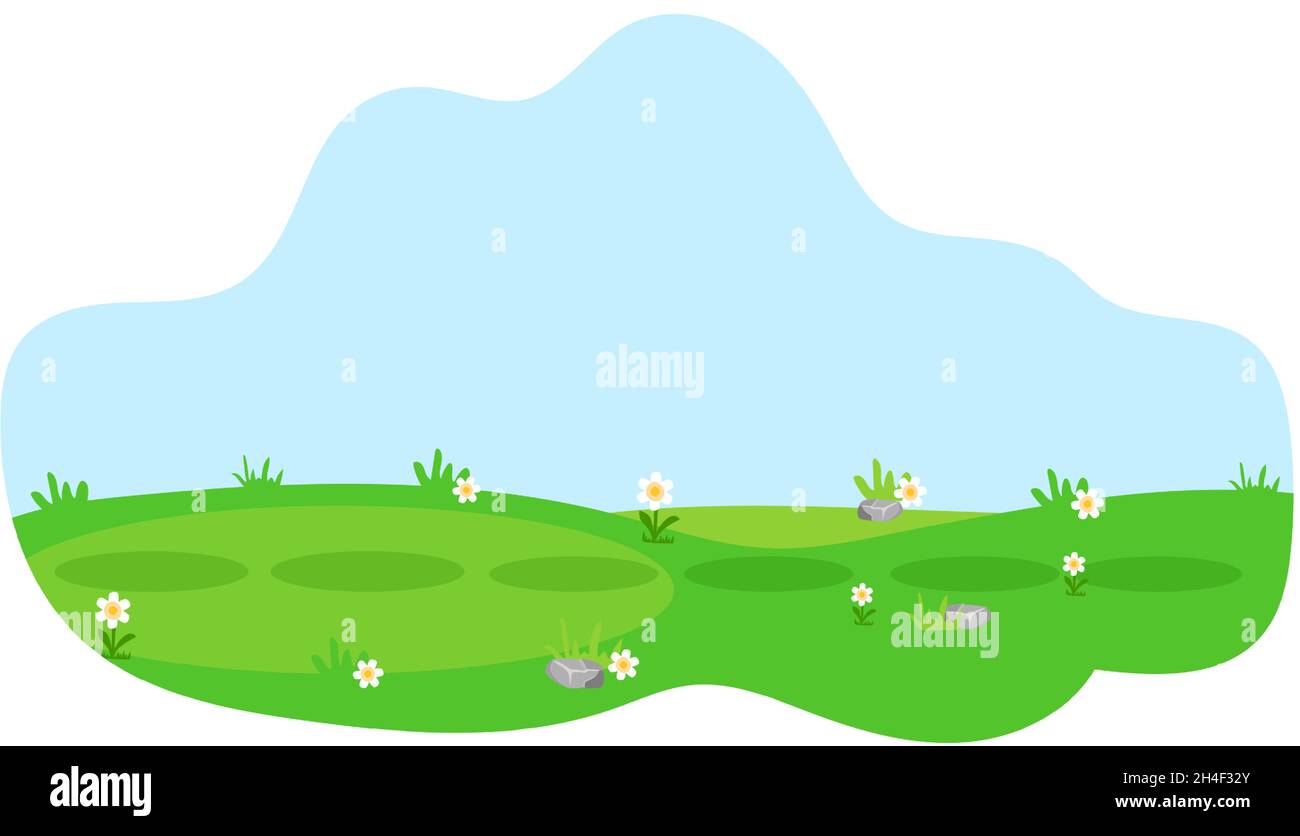 Cute cartoon grassland. Bright summer day. Framed landscape Stock ...