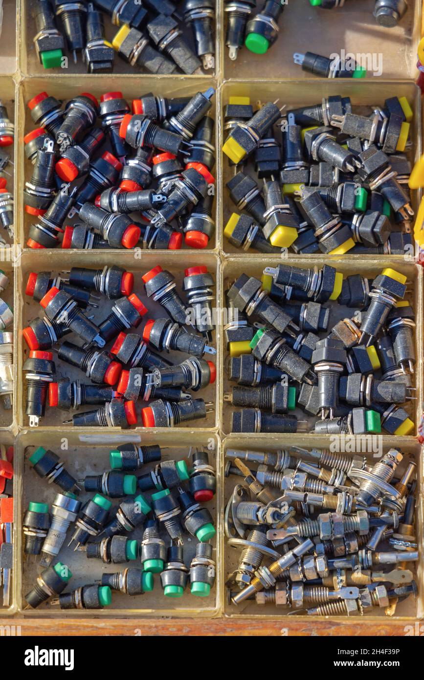 Many New Colour Coded Push Button Switch Parts Stock Photo - Alamy