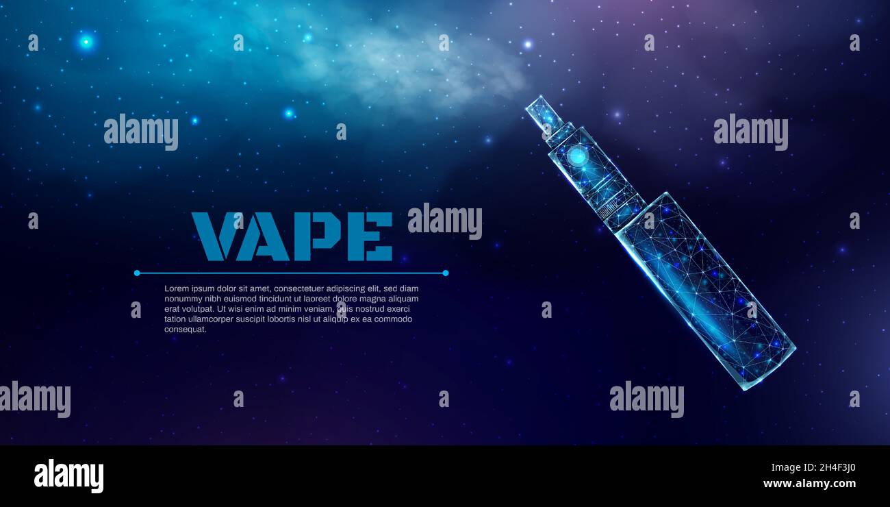 Vaping pen device kit and mod wireframe. Poster template with glowing ...