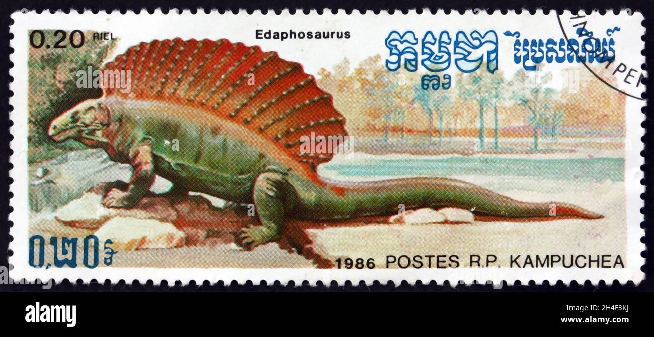 CAMBODIA - CIRCA 1986: a stamp printed in Cambodia shows Edaphosaurus ...