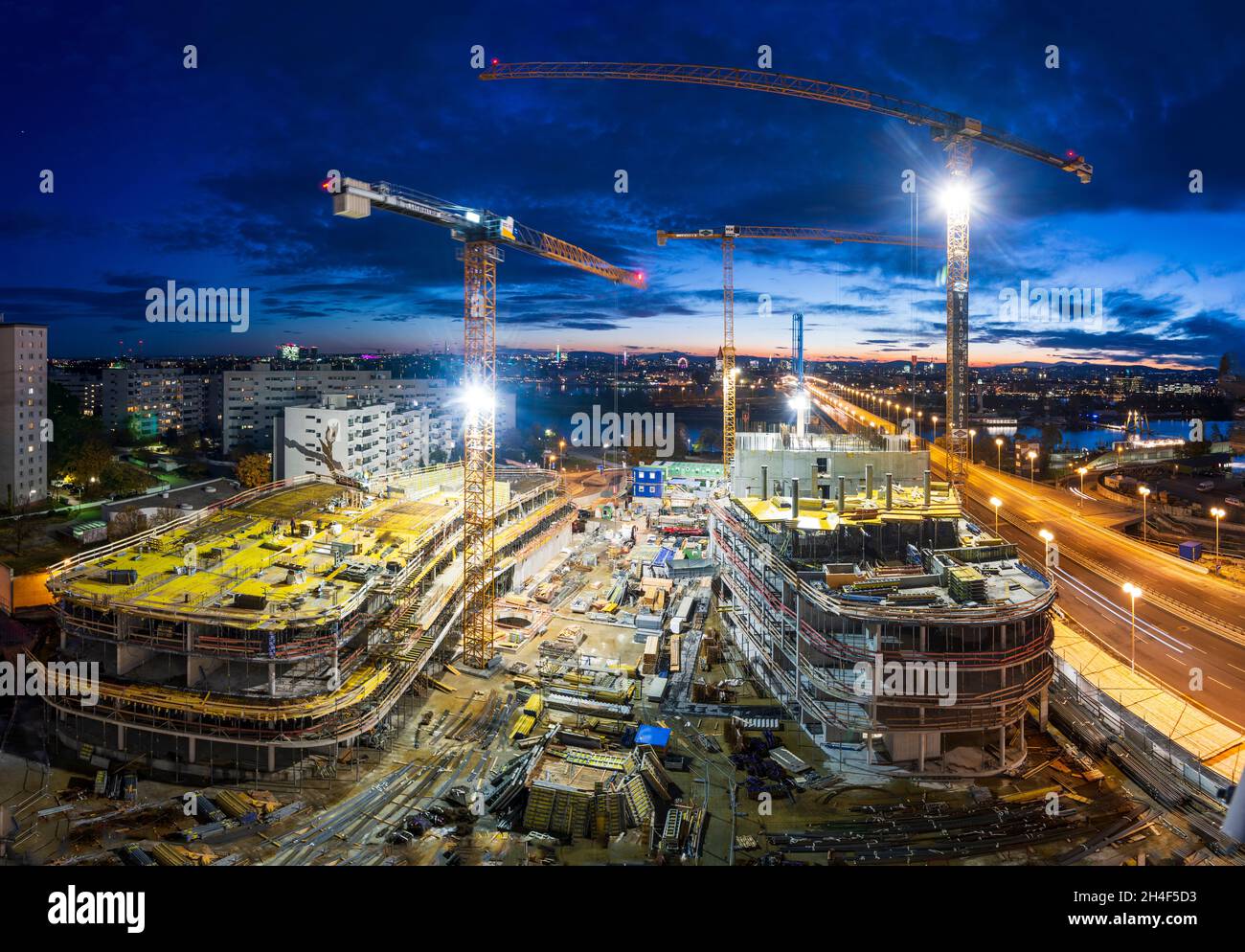 Wien, Vienna: construction site pit, crane, project "Danube Flats ...