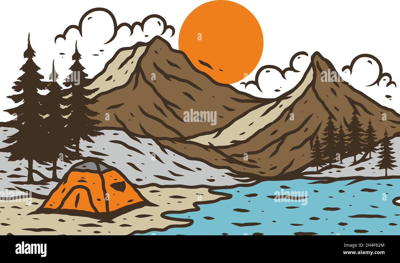 Line art illustration drawing of mountain lake camping design Stock ...