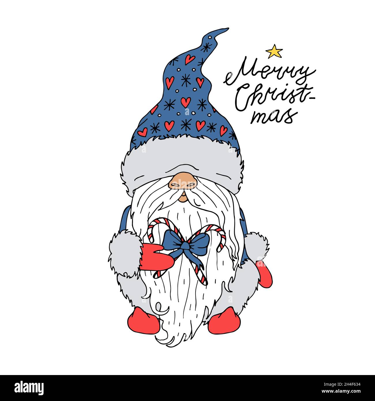 Cute line art cartoon gnome. Lettering merry Christmas. Colorful ...