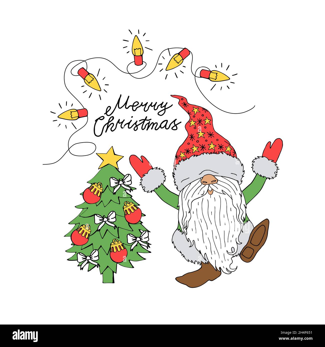 Cute line art cartoon gnome. Lettering merry Christmas. Colorful ...