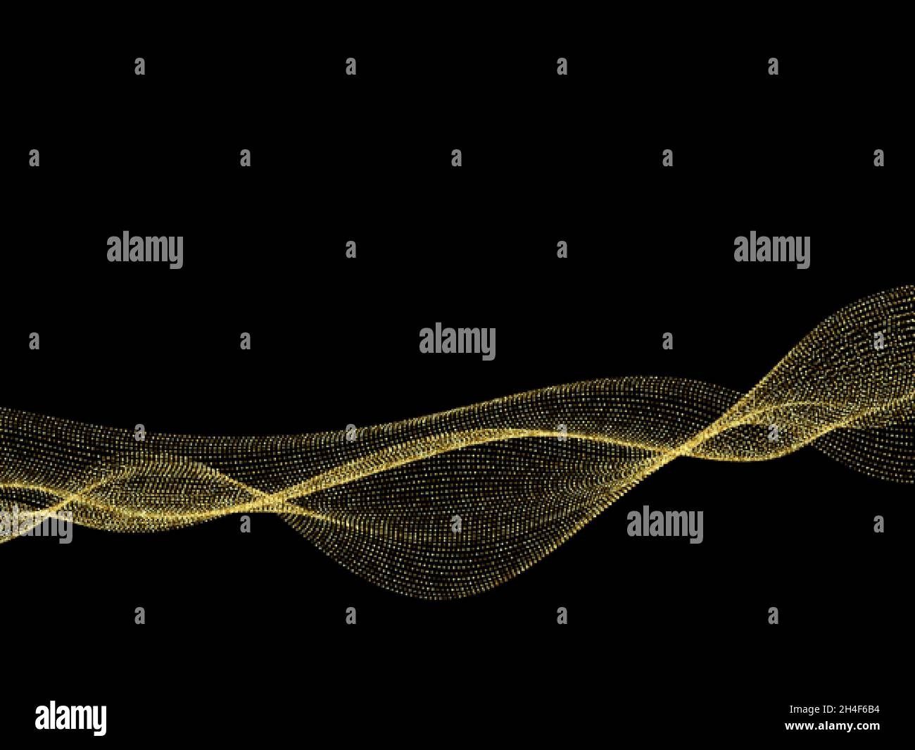 Many shiny gold particles, a sound wave flowing in the dark. Round ...